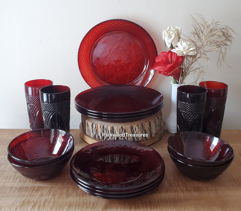 Vintage Ruby Red Glass Dinnerware 16 Pc Set for 4 Guests - Etsy