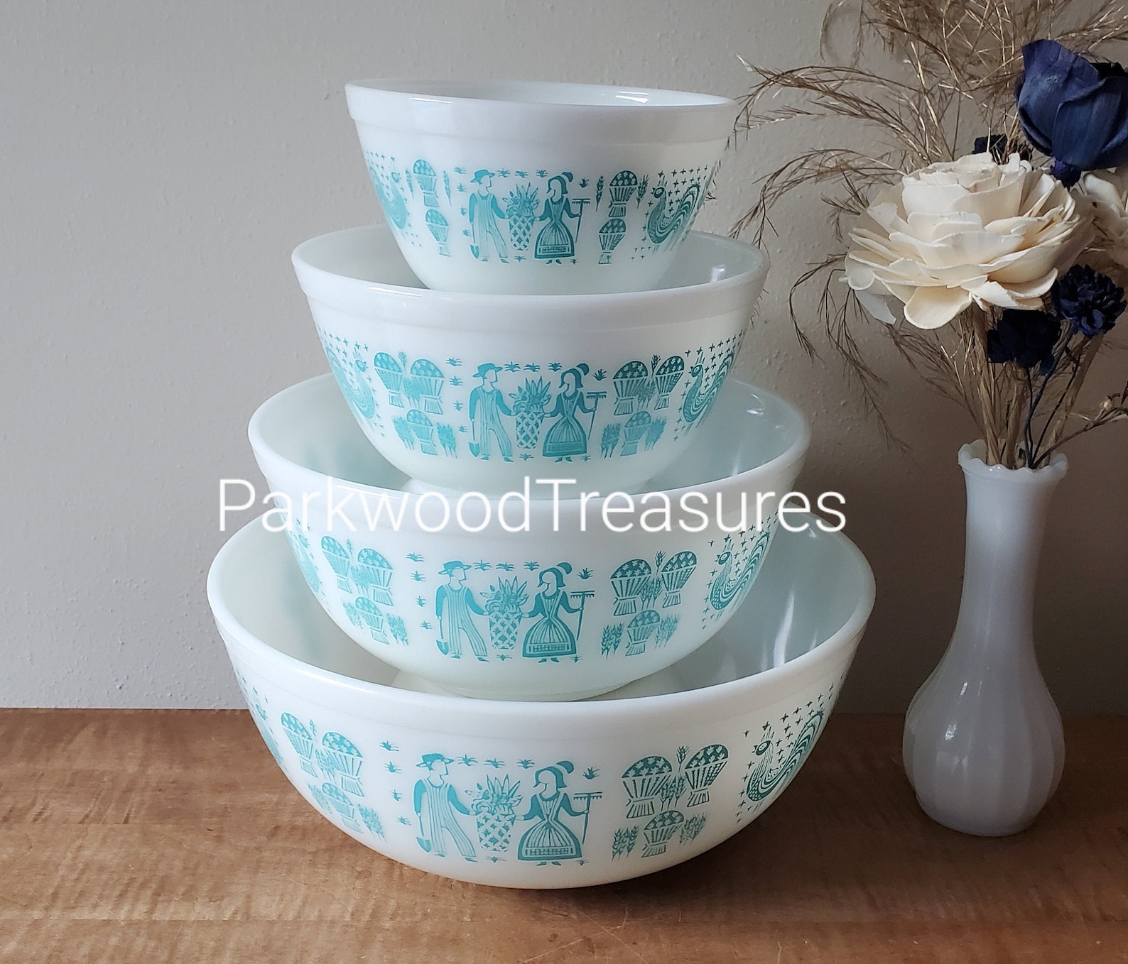Vintage Pyrex Amish Butterprint Mixing Bowl Set: Turquoise Farm Scene ...