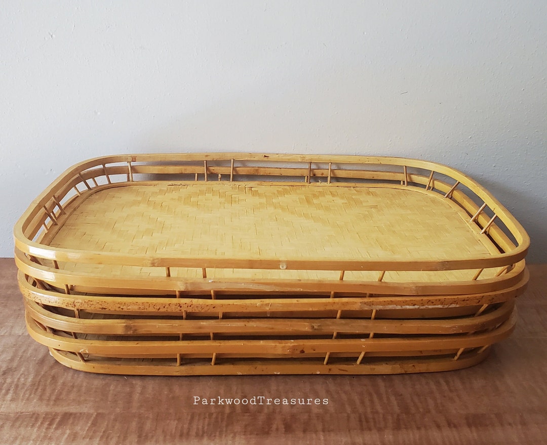 Vintage Bamboo Serving Tray, Rattan Tray, Wicker Serving Tray, Large 19 ...