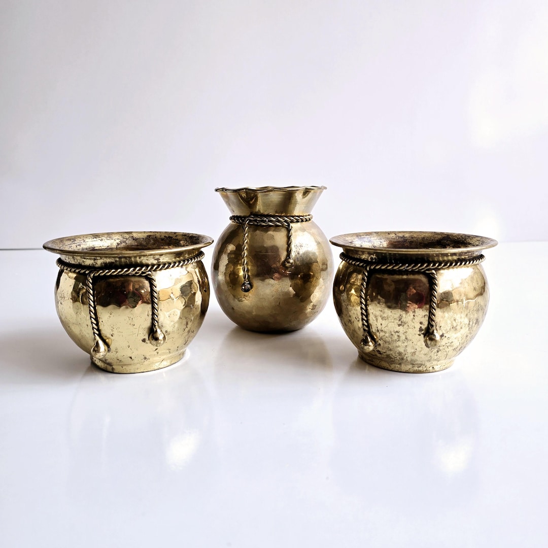 Hammered Brass Pots 3 Vintage Rope Brass Bag Flower Pots 4" Rims - Etsy