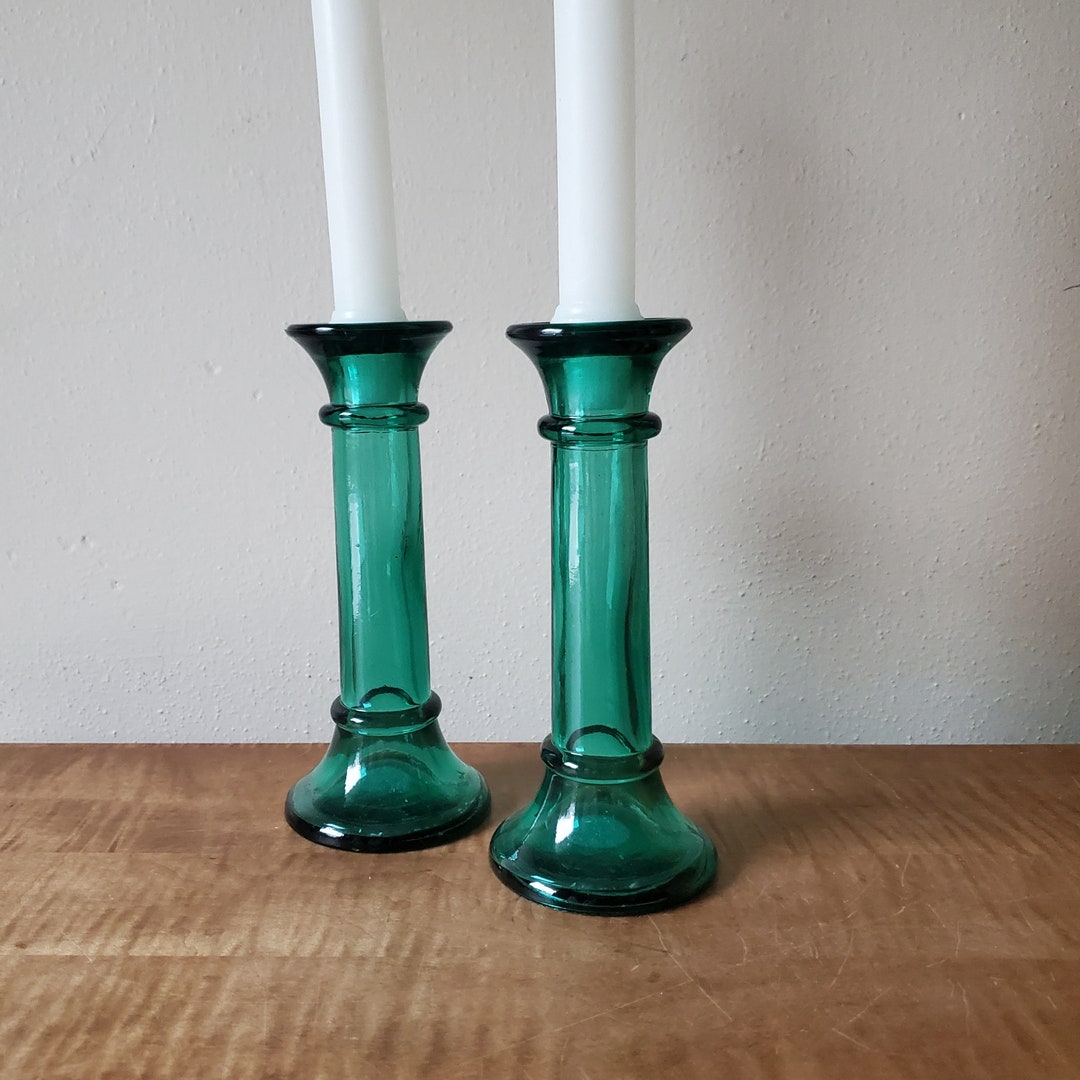 Vintage Green Glass Candlestick Holders, 7 Candlesticks - Etsy