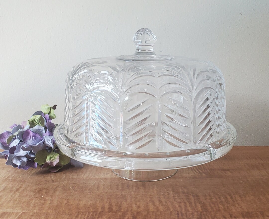 Vintage Pedestal Glass Cake Stand With Dome Holds 10" Cake - Etsy