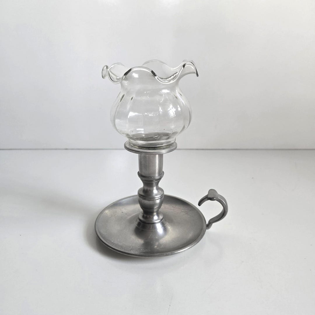 Vintage Pewter Finger Loop Chamberstick Candle Holder & Glass Candle ...