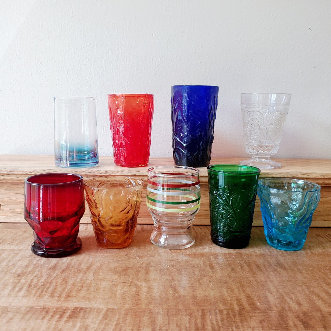 Vintage Juice Glasses, Mixed Color Glasses, Rainbow Glassware, Mix and ...