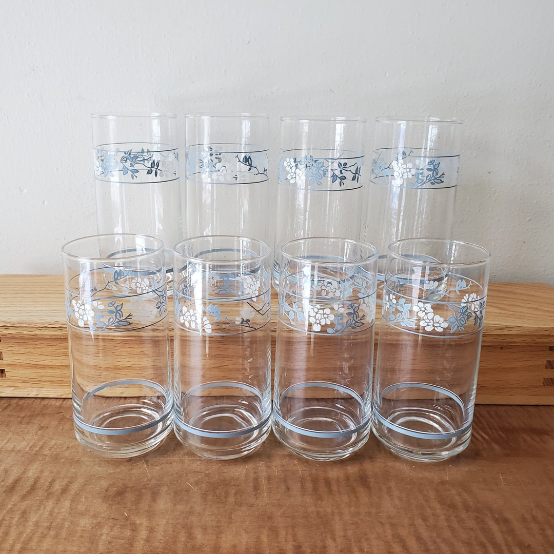 Vintage Corelle First of Spring Glasses Set of 8 Clear Glass With Blue ...