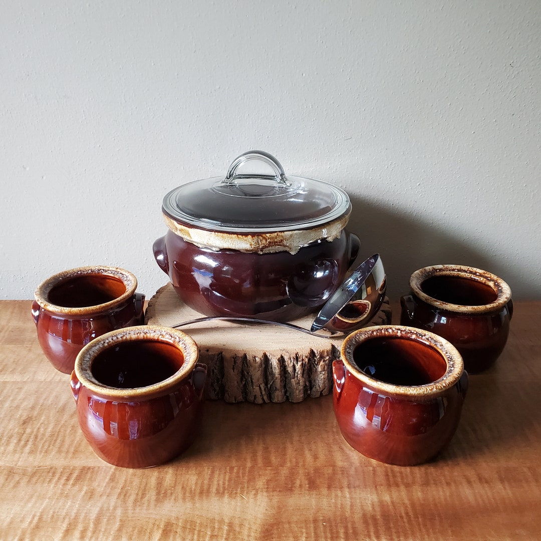 Ceramic Bean Pot Vintage Brown Drip Pottery Soup Tureen With 4 Hull ...