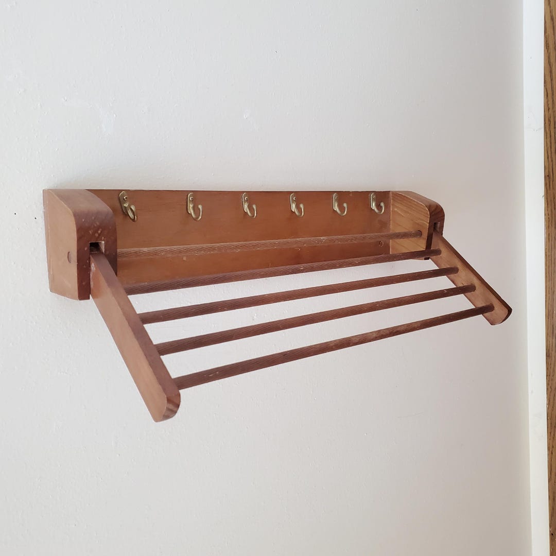 Mid-century Wooden Clothes Rack, Collapsible Wall Hanging Wooden ...