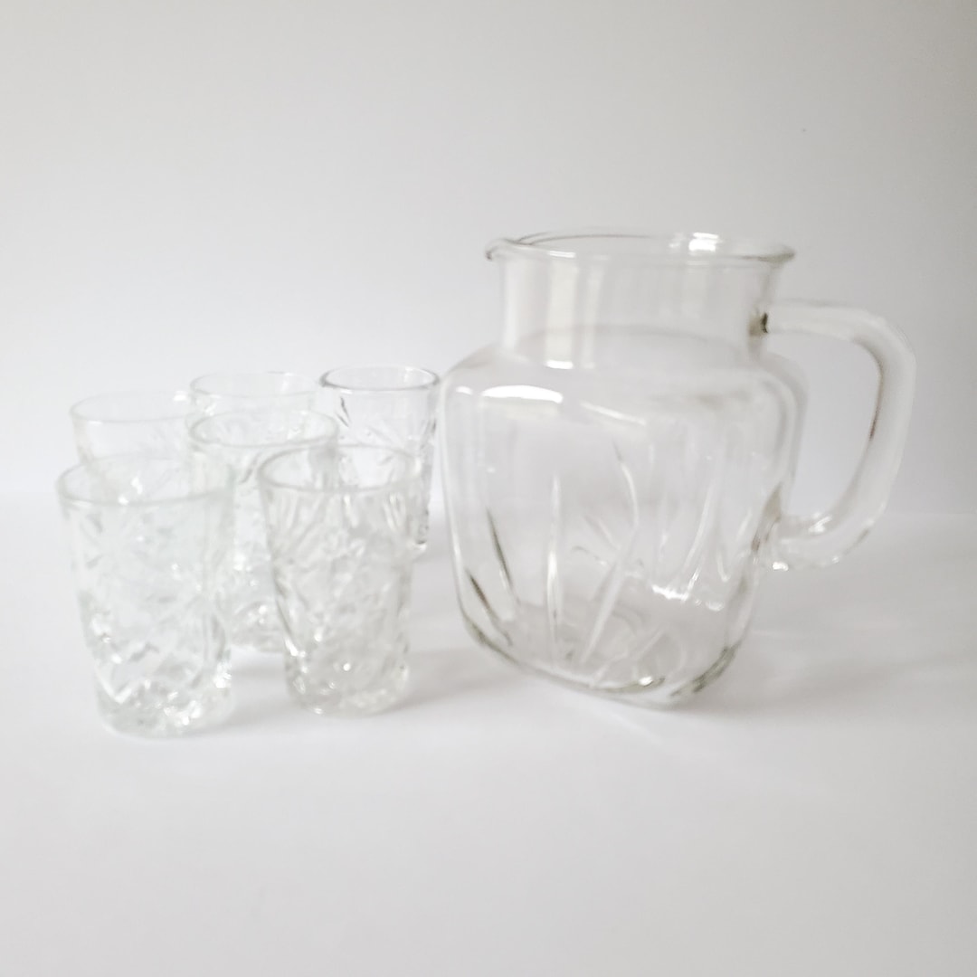 Mid-century Pitcher Set Vintage Pressed Glass Star Juice Glasses and ...