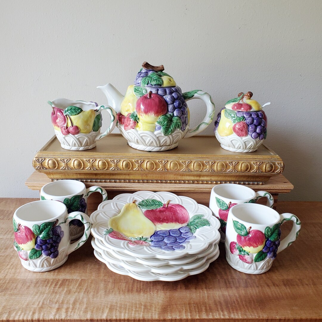 Vintage Otagiri Tea Set, fruit Basket Tea Set, Majolica Multicolored ...