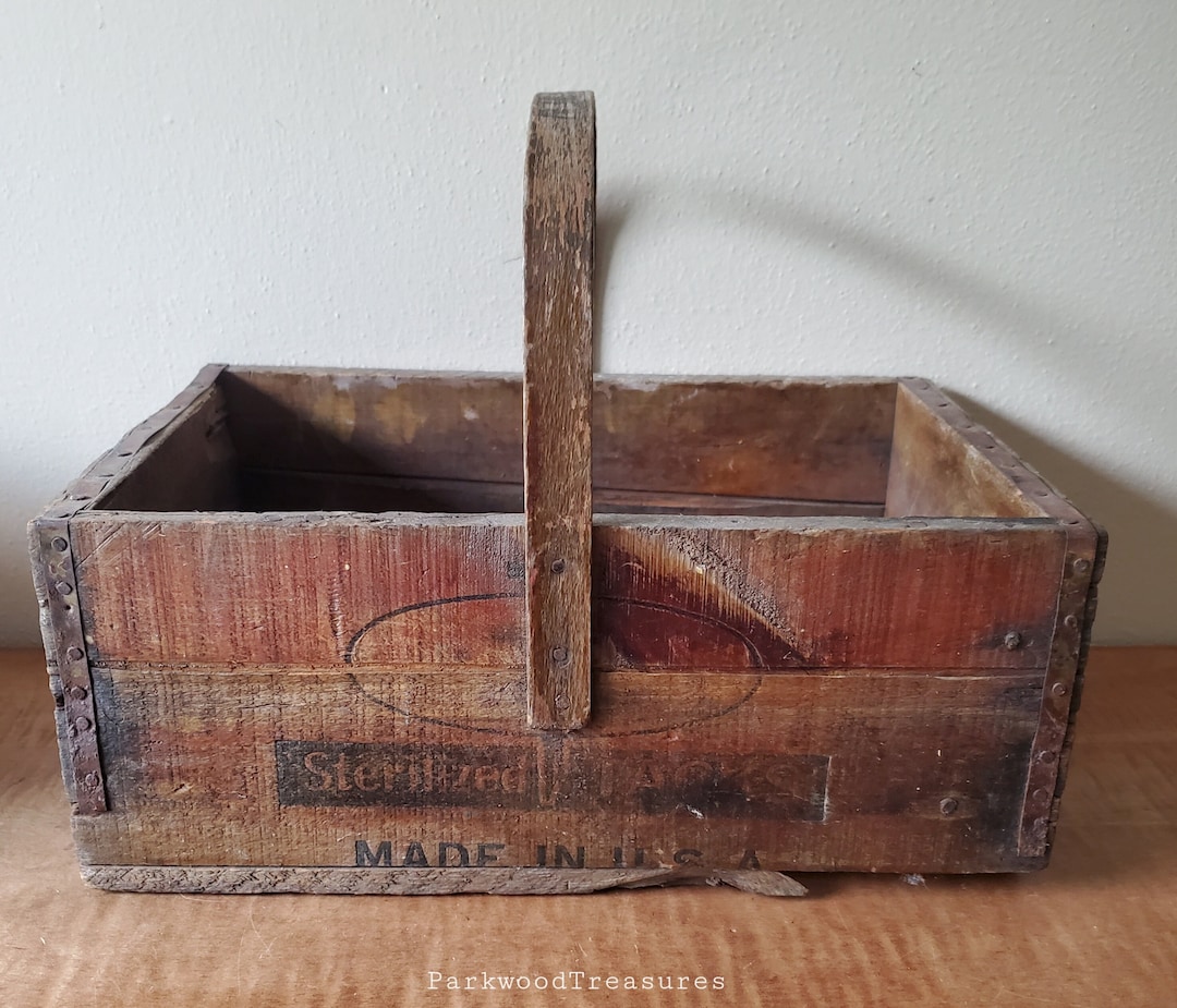 Vintage Wood Box, Antique Wood Crate With Handle, Primitive Wood Basket ...