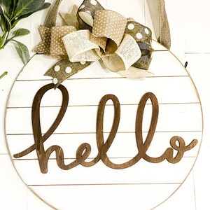 Farmhouse Hello Sign: Round Wood Door Hanger, White & Beige Rustic ...