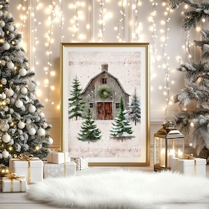 Rustic Christmas Barn Print - Matte Vertical Poster, Holiday Wall Decor ...