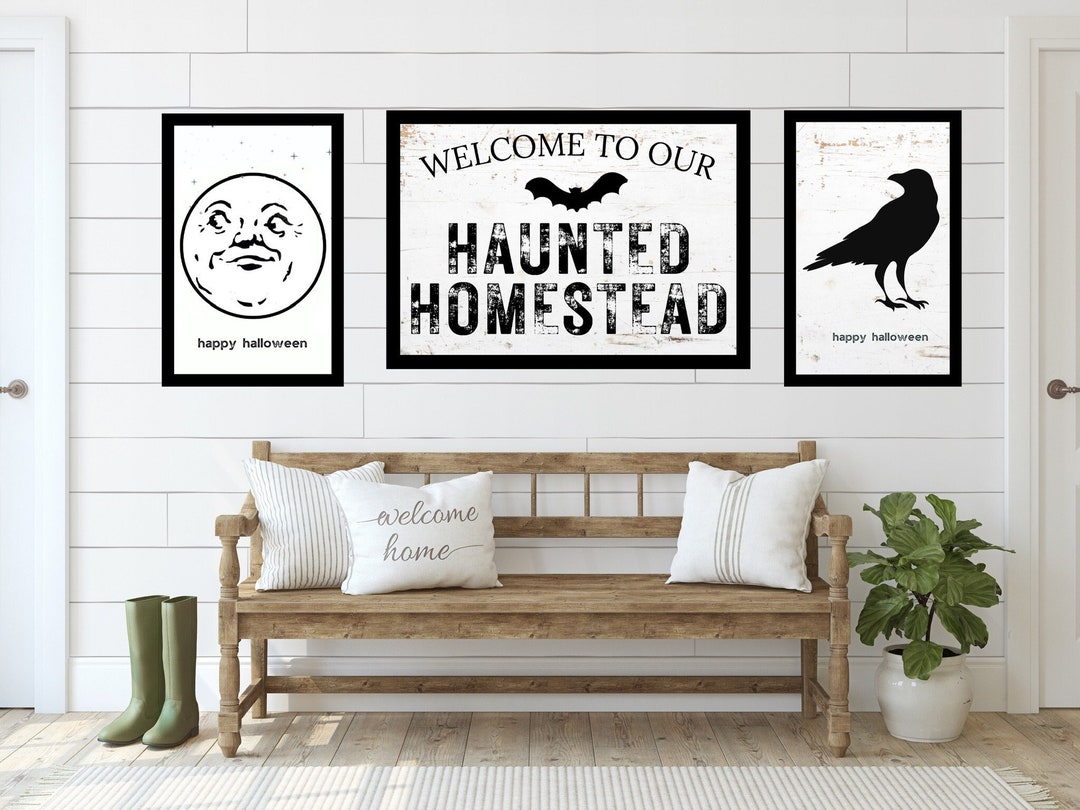 Spooky Halloween Art Set: Farmhouse Style Fall Decor Haunted House Trio ...