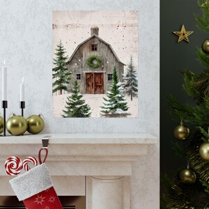 Rustic Christmas Barn Print - Matte Vertical Poster, Holiday Wall Decor ...