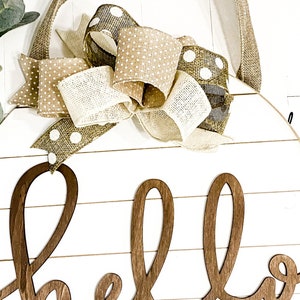 Farmhouse Hello Sign: Round Wood Door Hanger, White & Beige Rustic ...