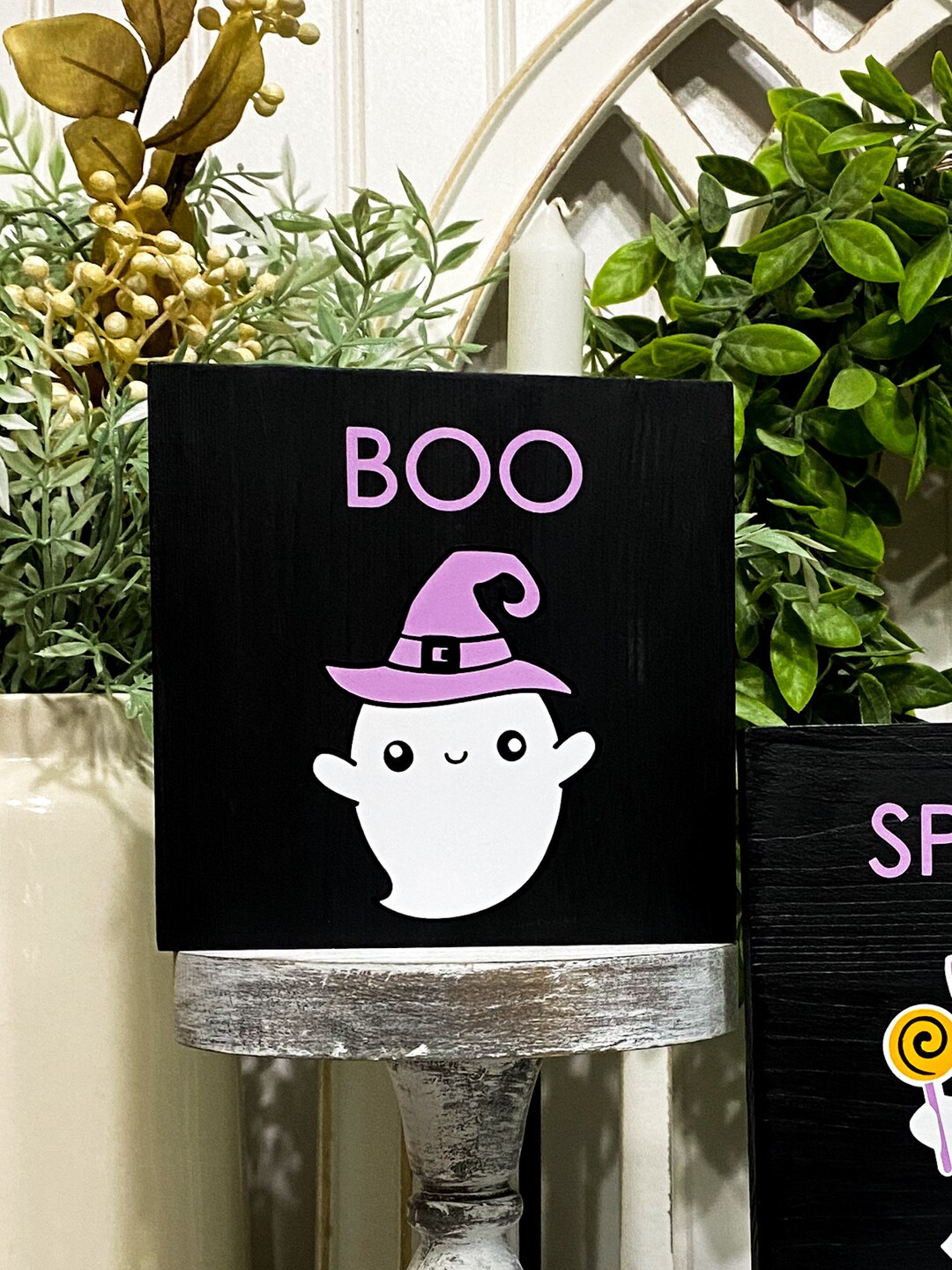 Cute Ghost Sign for Halloween Tiered Tray - Black 5 X 5 Spooky ...