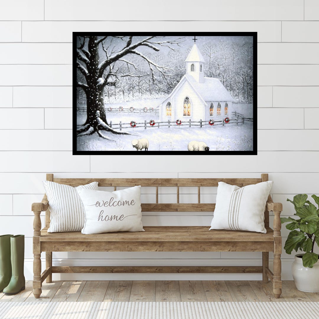 Winter Scene Art Print – Rustic White Church With Sheep, Serene Snowy ...