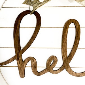 Farmhouse Hello Sign: Round Wood Door Hanger, White & Beige Rustic ...