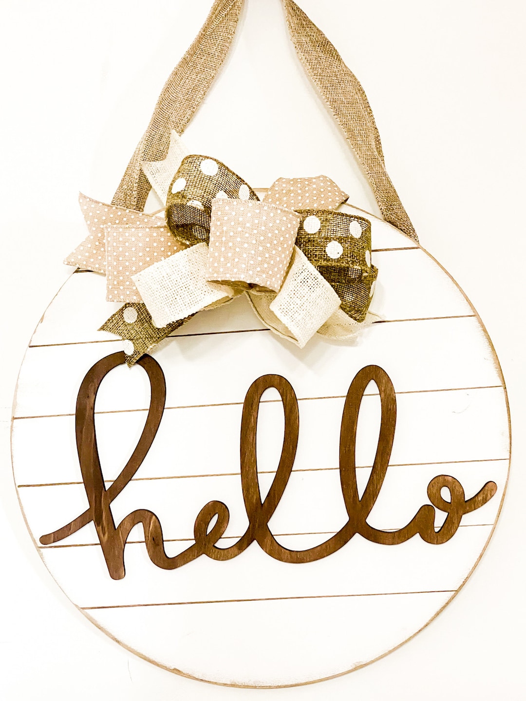 Farmhouse Hello Sign: Round Wood Door Hanger, White & Beige Rustic ...