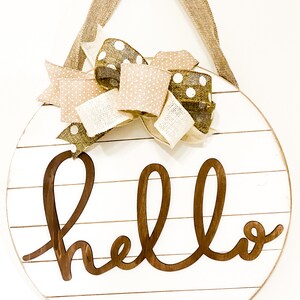 Farmhouse Hello Sign: Round Wood Door Hanger, White & Beige Rustic ...
