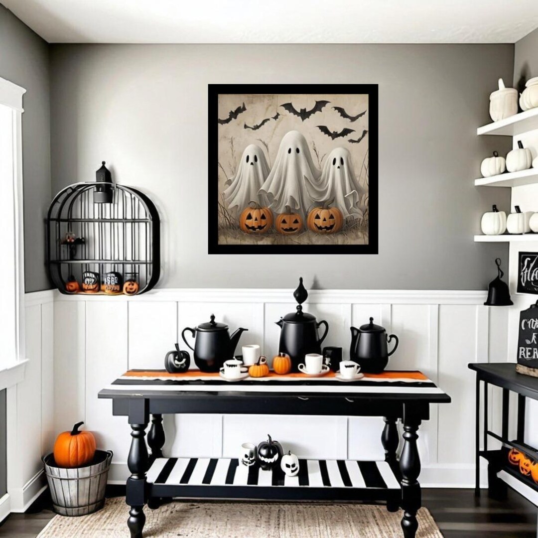 Three Ghosts With Bats and Pumpkins Art Print – Spooky Halloween Wall ...