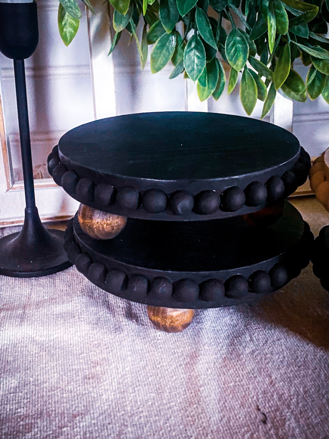 Riser - Rustic Black Round Wood Riser - Beaded Wood Pedestal ...