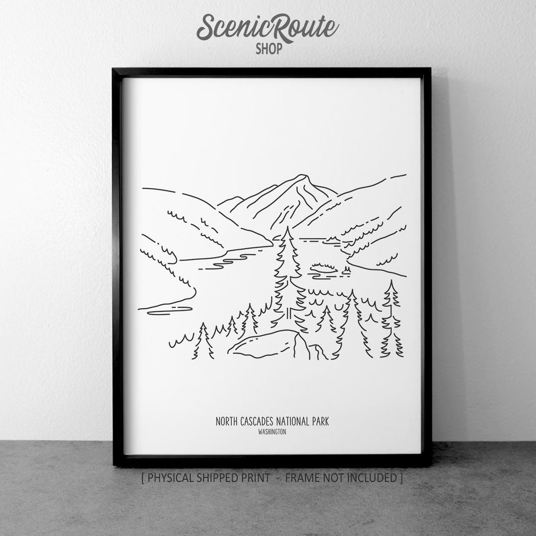 North Cascades National Park Drawing Art Print: Washington Minimalist ...