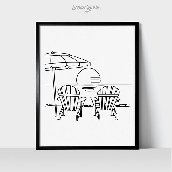 Beach Adirondack Chair Line Art Print Unframed Physical Print Personalized Black White Minimalist Line Drawing Nautical Beach Decor Etsy