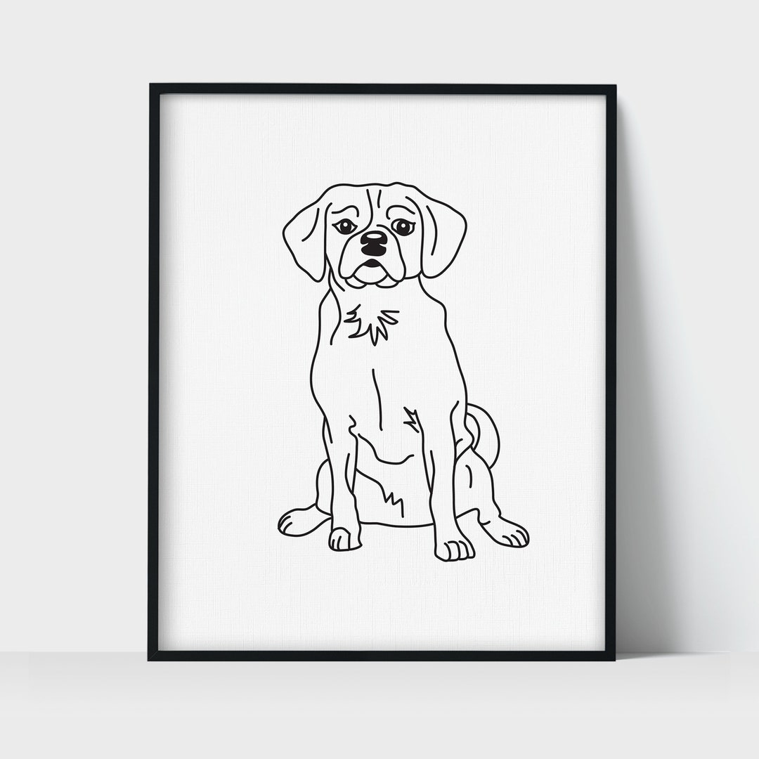 Puggle Dog Wall Art Print Minimalist Black & White Line Art Drawing ...