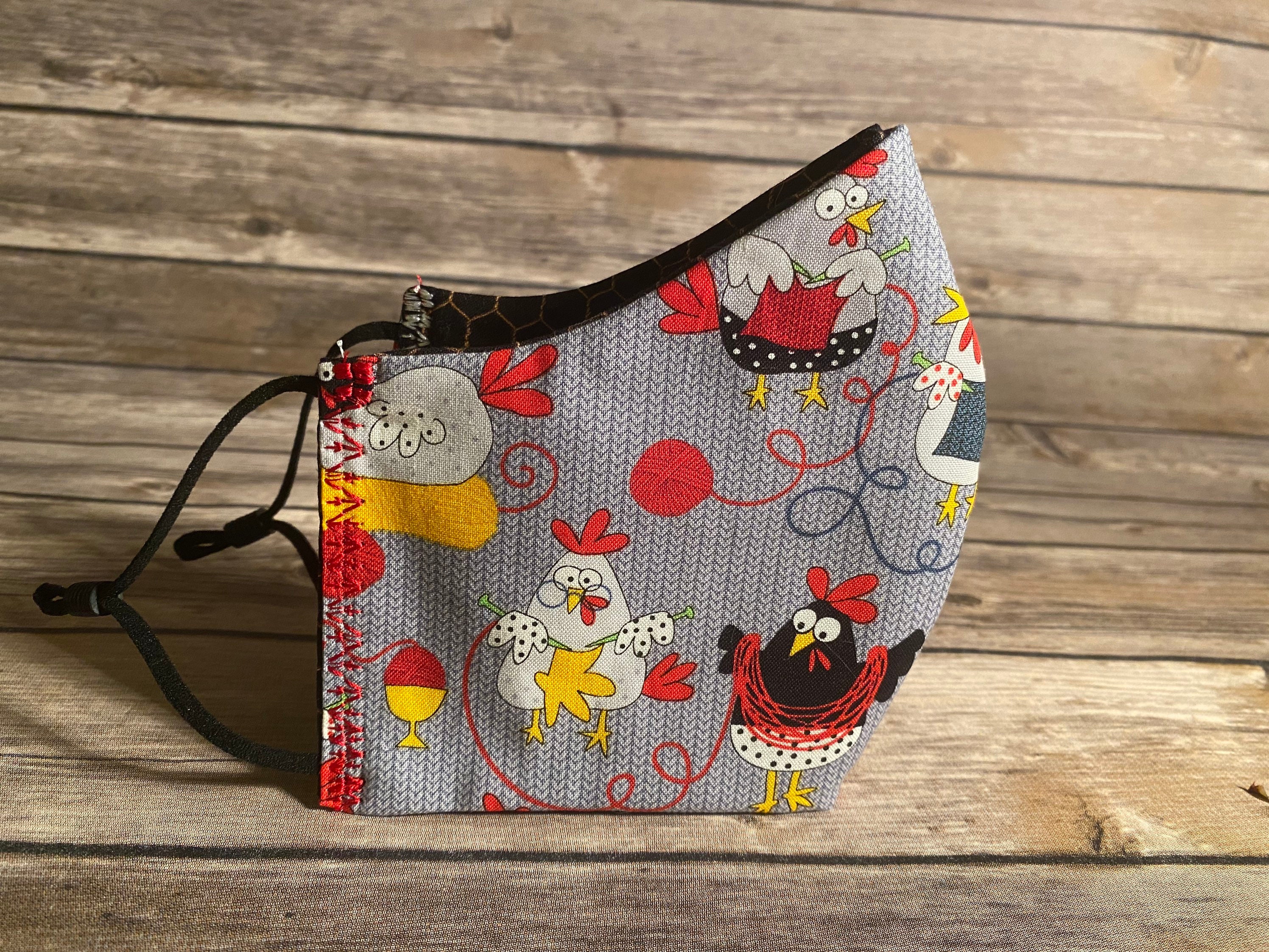 Knitting Chickens Reversible Face Mask - Made to Order with Matching Bag