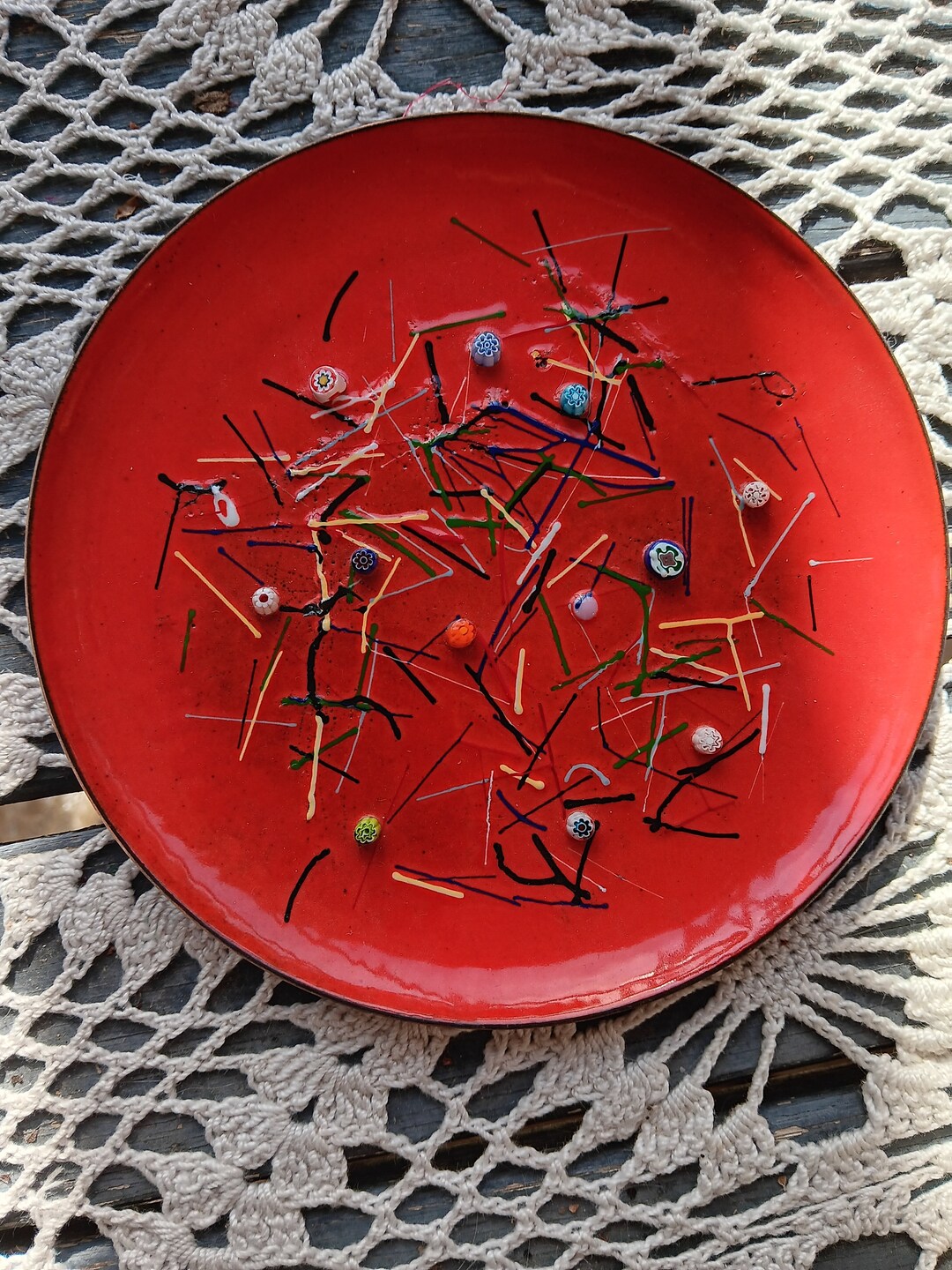 Vintage Unusual Enamel on Copper Dish Burnt Orange Millefiori Canes ...