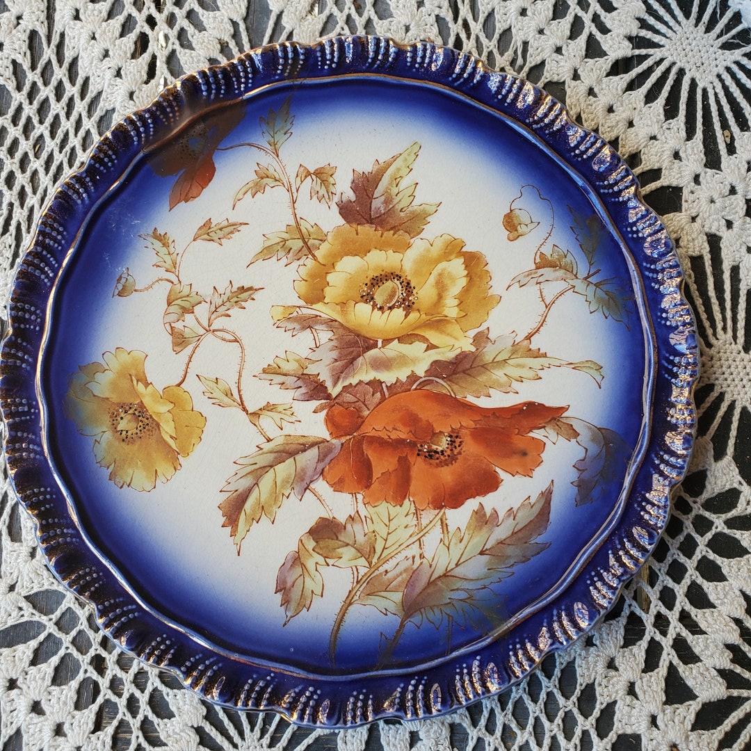 Vintage B and K Co England Flow Blue Plate With Brilliant Poppies, Leaves and Buds Design ...