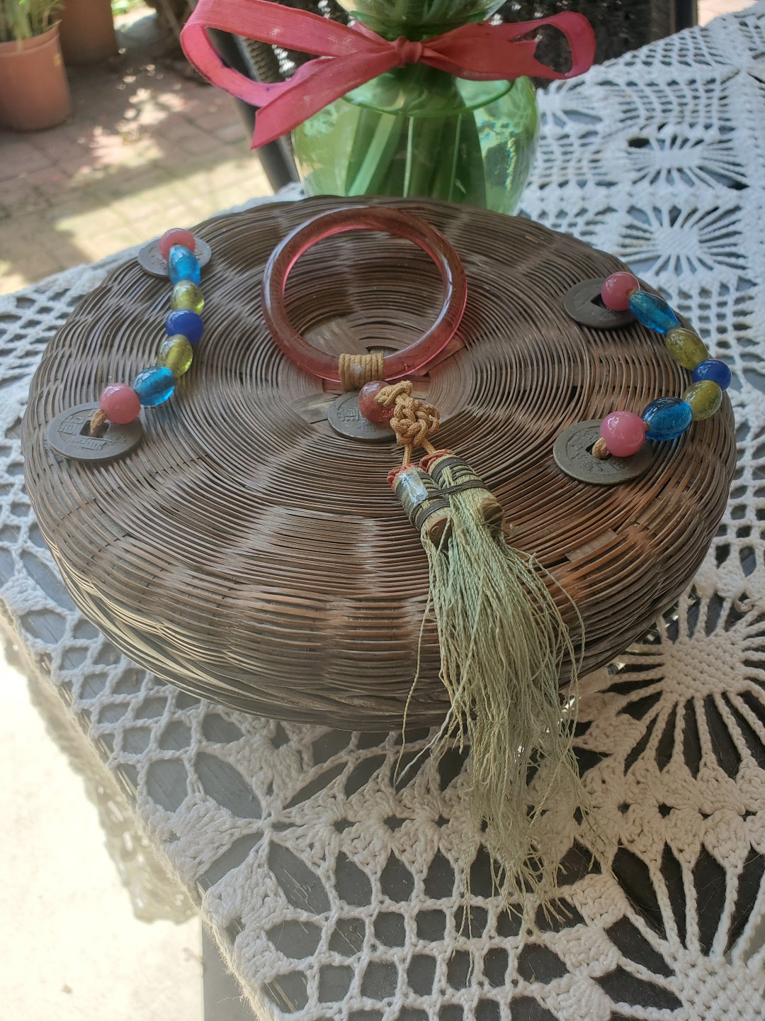 Vintage Small Woven Reed Sewing Basket for Handwork or Child With Glass ...
