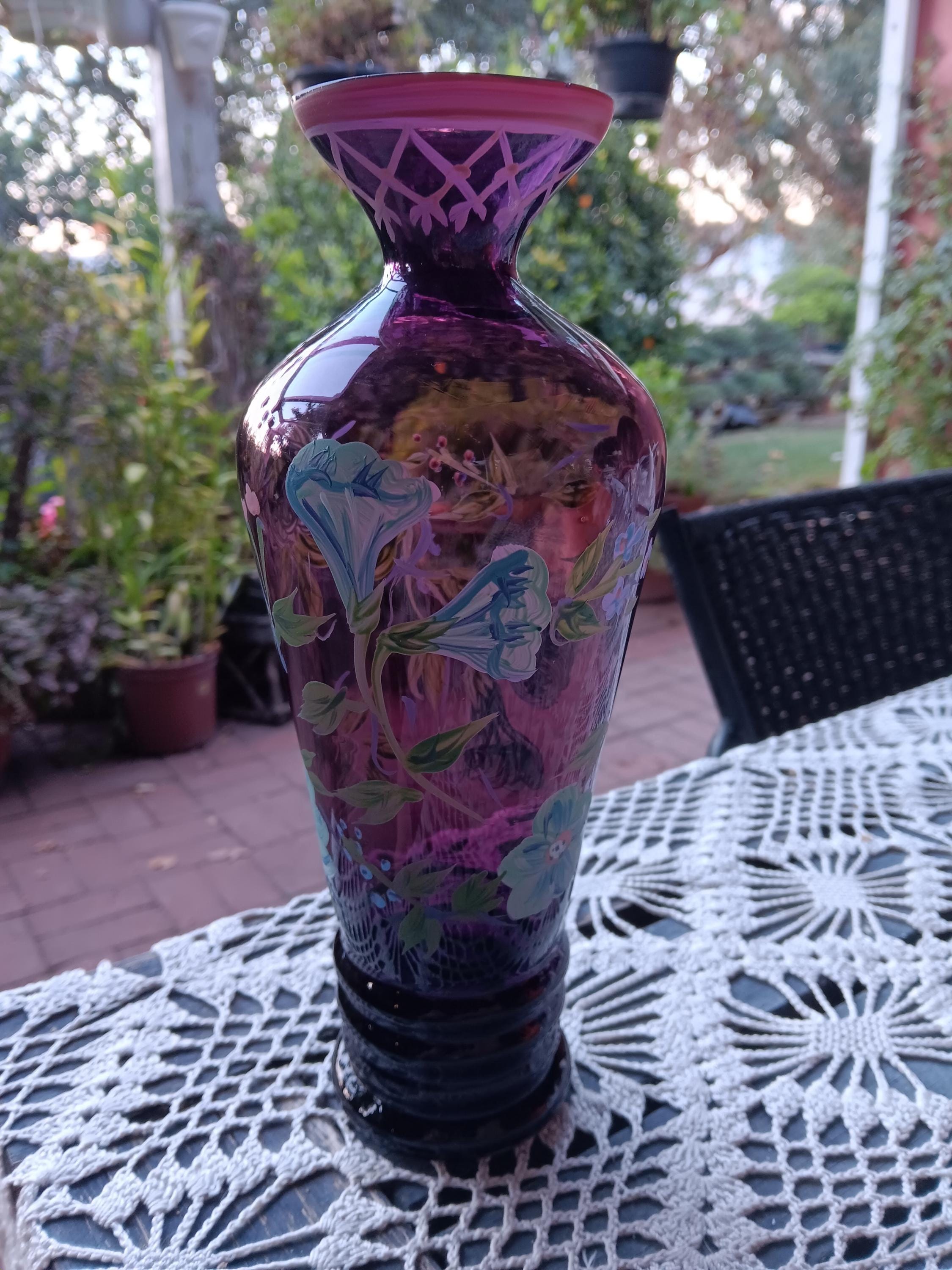 Vintage Amethyst Glass Vase, Hand Painted Blue Flowers, 10" Tall - Etsy