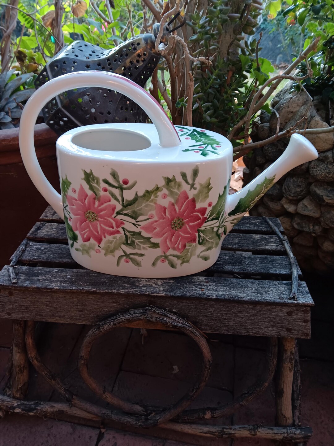 Vintage Ceramic Watering Can: Hand-stenciled Poinsettia, Made in Italy ...