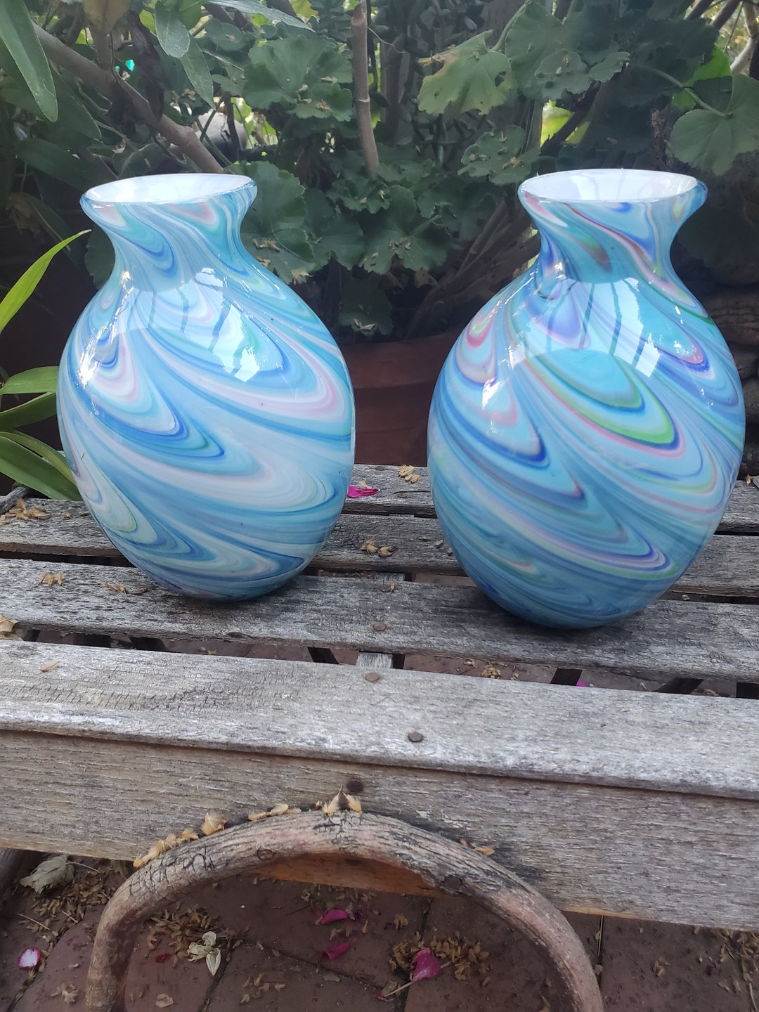 Vintage Pair of Art Glass Swirl Vases Interior White Glass Polished ...