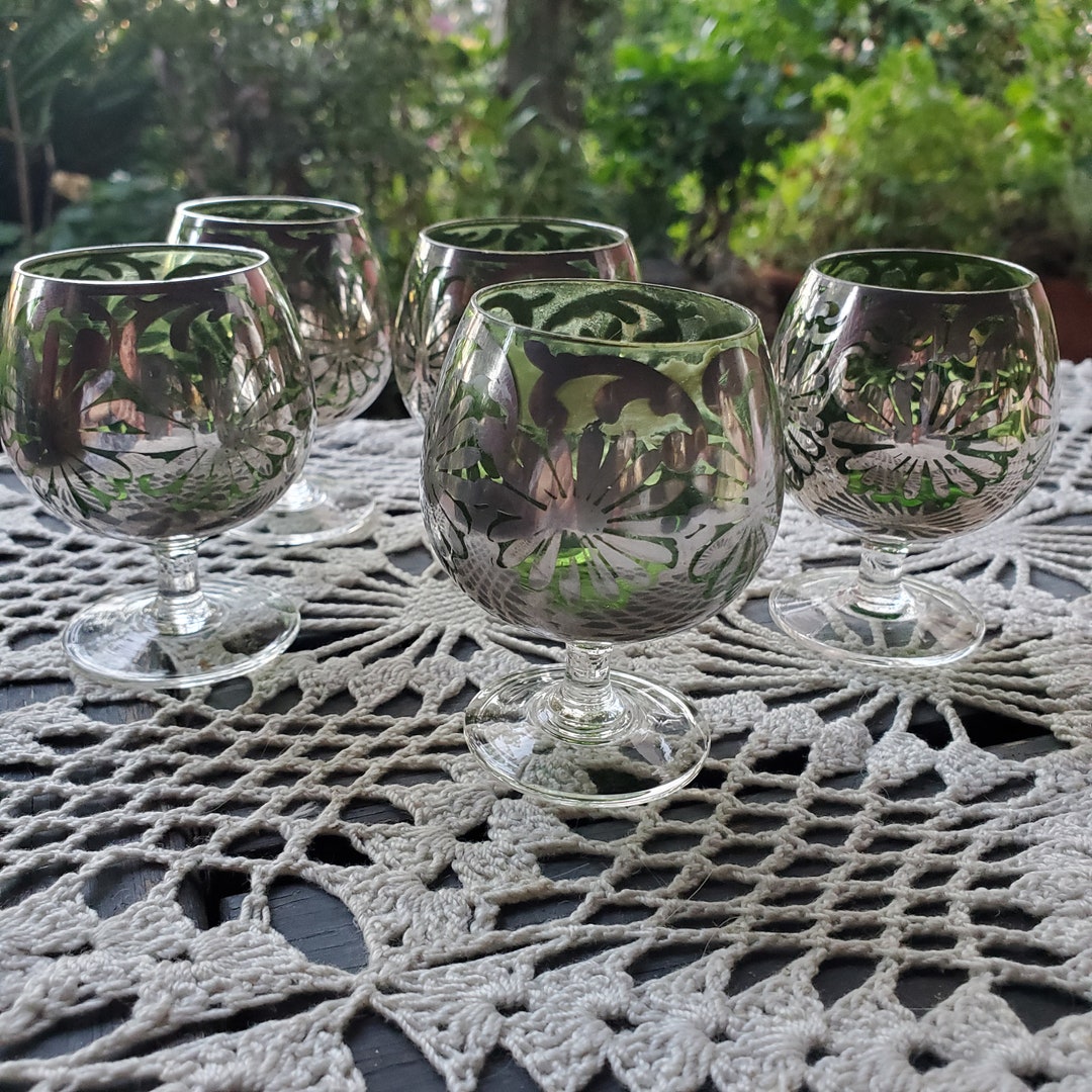 Vintage Green Glass Aperitif Glasses With Silver Overlay Elegant Mid ...