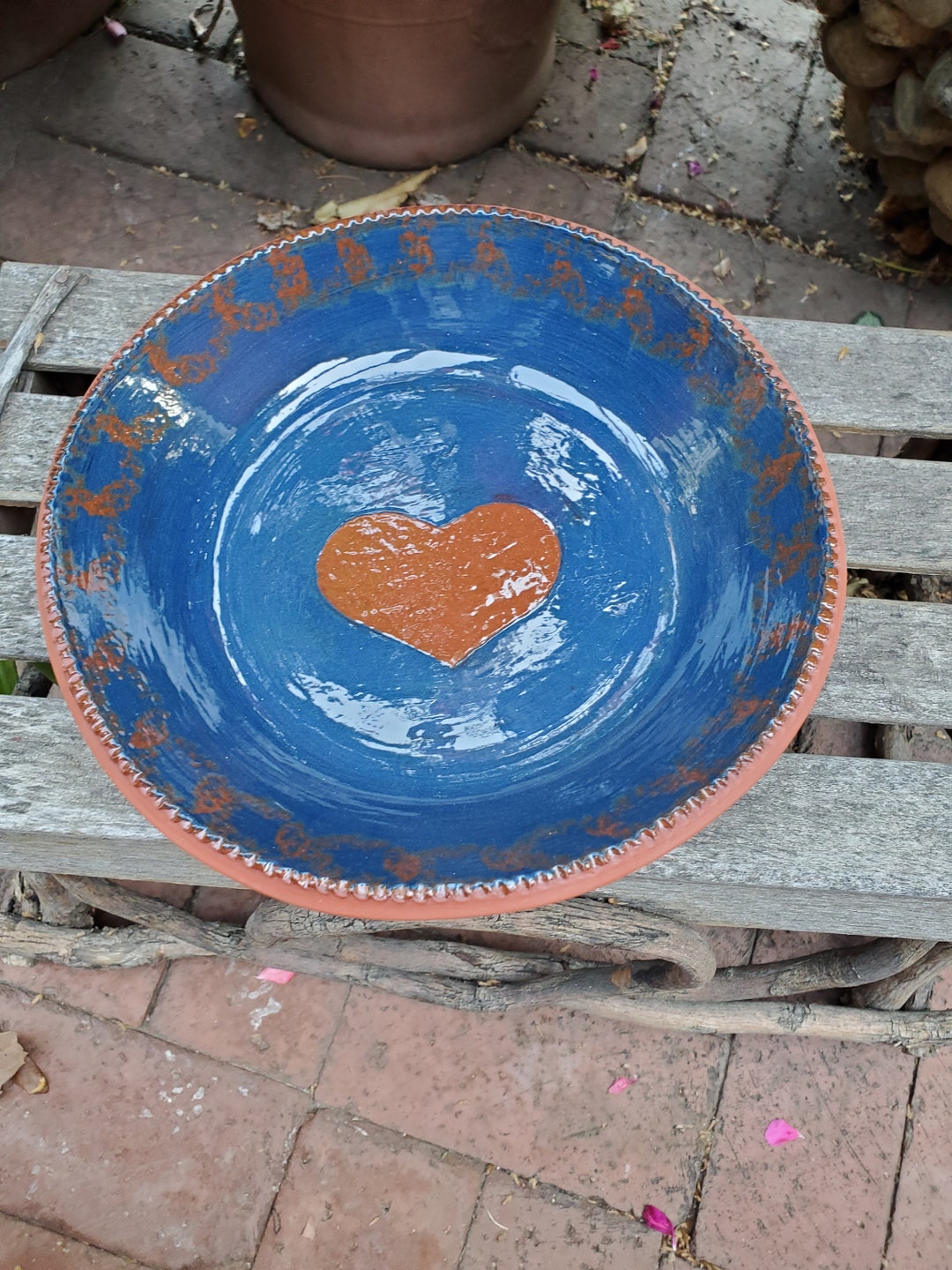Vintage Handmade Redware Pie Dish Heart With Blue Glaze Signed Foltz PA ...