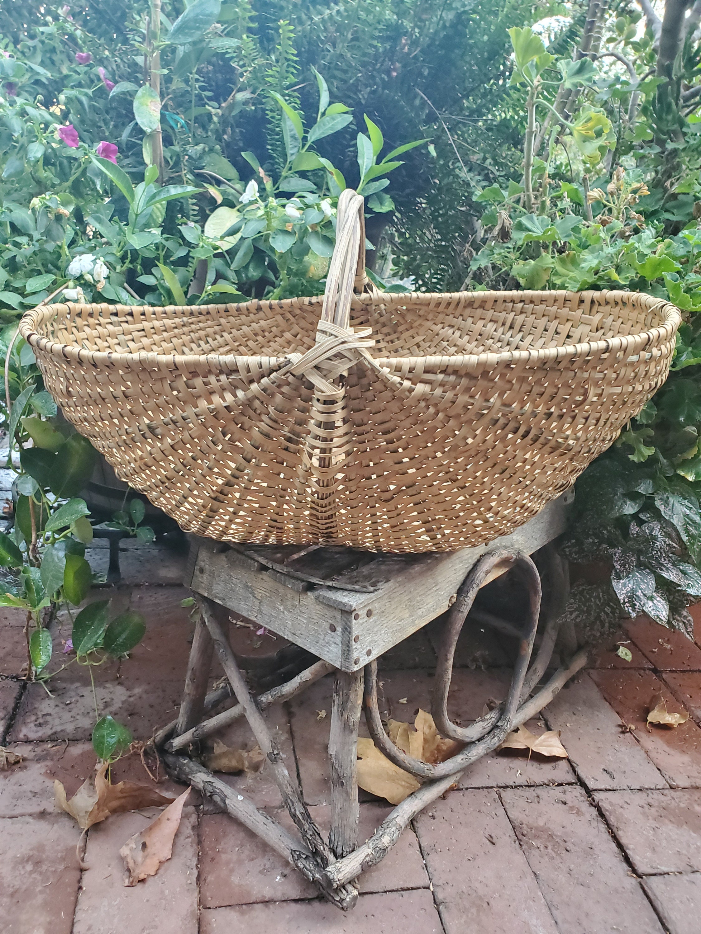 Vintage Very Large Hand Woven Splint Gathering Basket With Twig Bundle ...