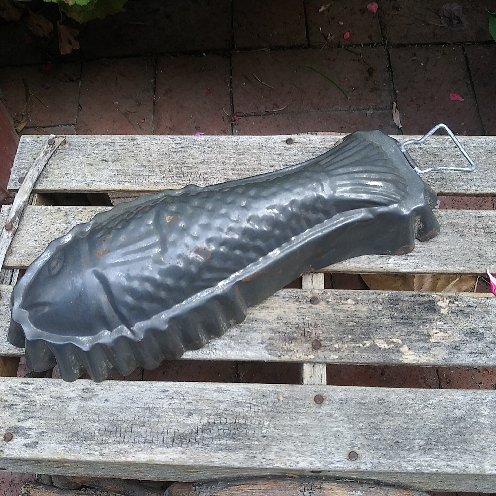 Vintage tinned metal fish mold with kick stand for savory terrine ...