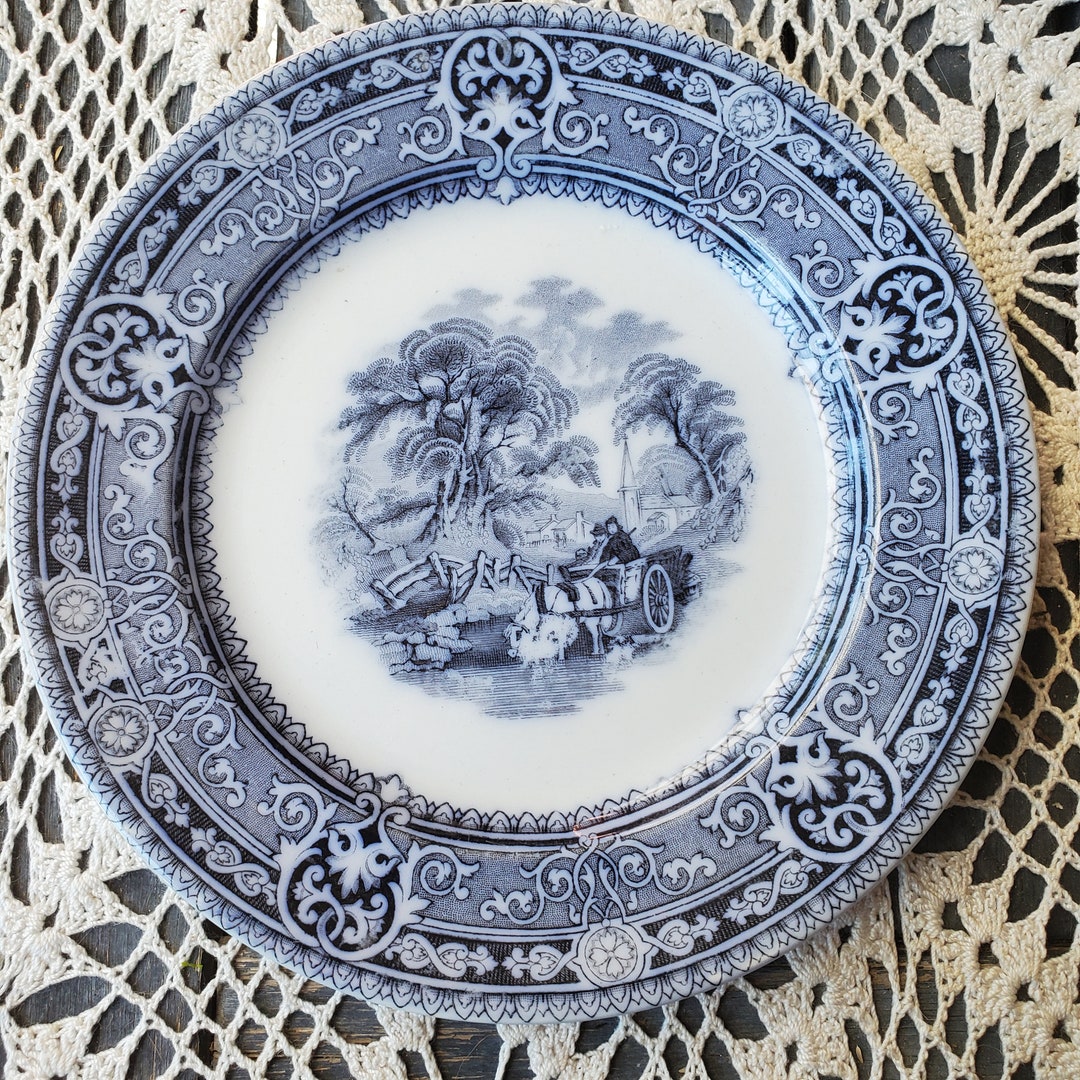 Vintage Blue and White Transferware Plate Sylvan Scene Cart Bridge ...