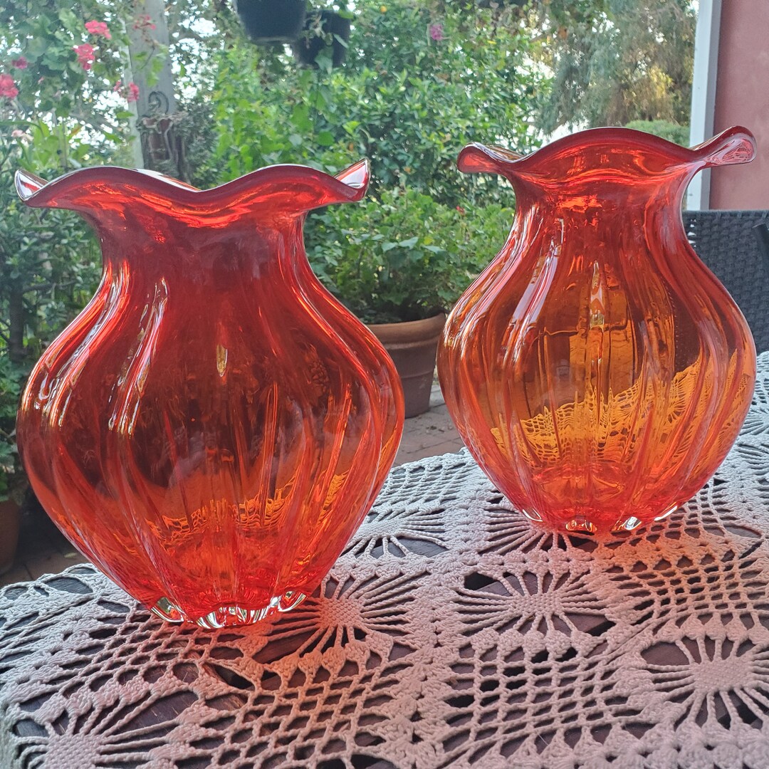 Vintage Pair Ribbed Ruffled Large Amberina Red Orange Glass Flower ...