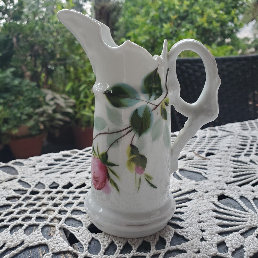 Vintage Porcelain Pitcher Hand Painted Rose Bud and Leaves Victorian ...