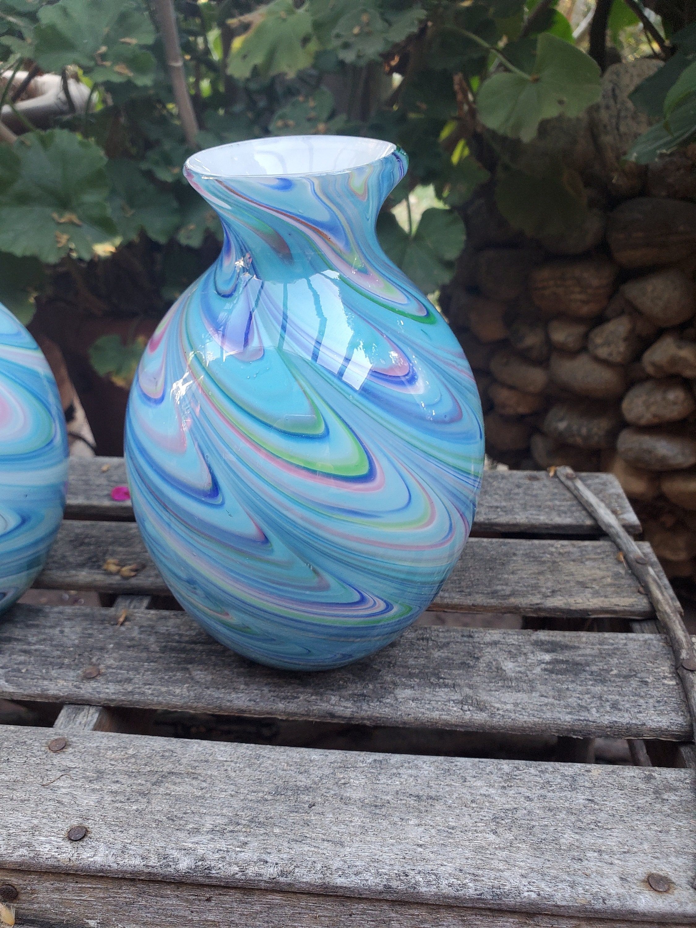 Vintage Pair of Art Glass Swirl Vases Interior White Glass Polished ...