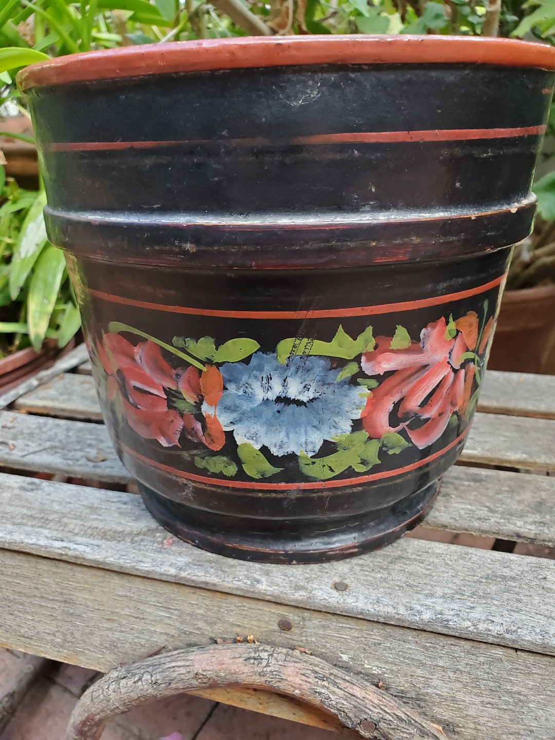Vintage Wooden Cache Pot With Hand Painted Flowers Black and Multicolor ...
