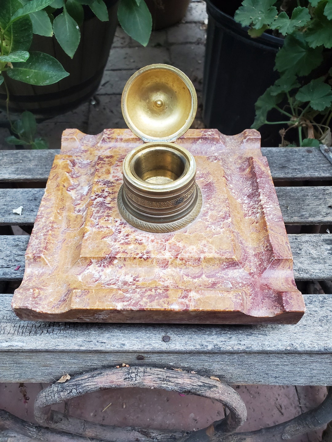 Vintage Elegant Pink and Gold Toned Marble Inkwell and Pen Stand With ...