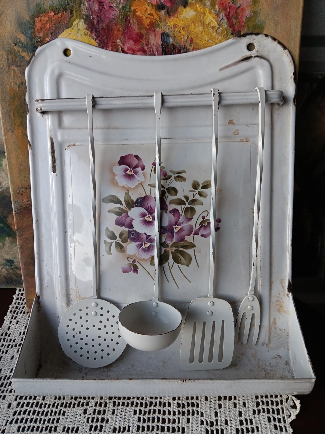 Vintage French Enamelware Kitchen Utensil Rack, Pansy Decor - Etsy