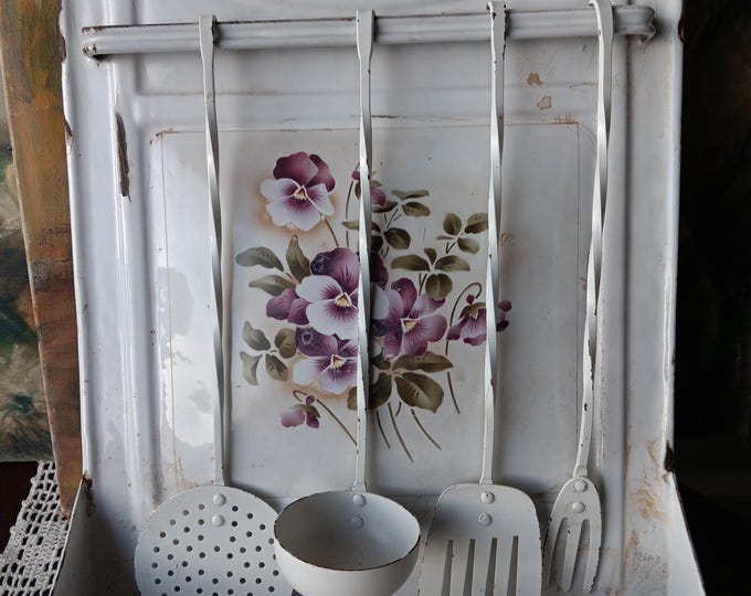 Vintage French Enamelware Kitchen Utensil Rack, Pansy Decor - Etsy