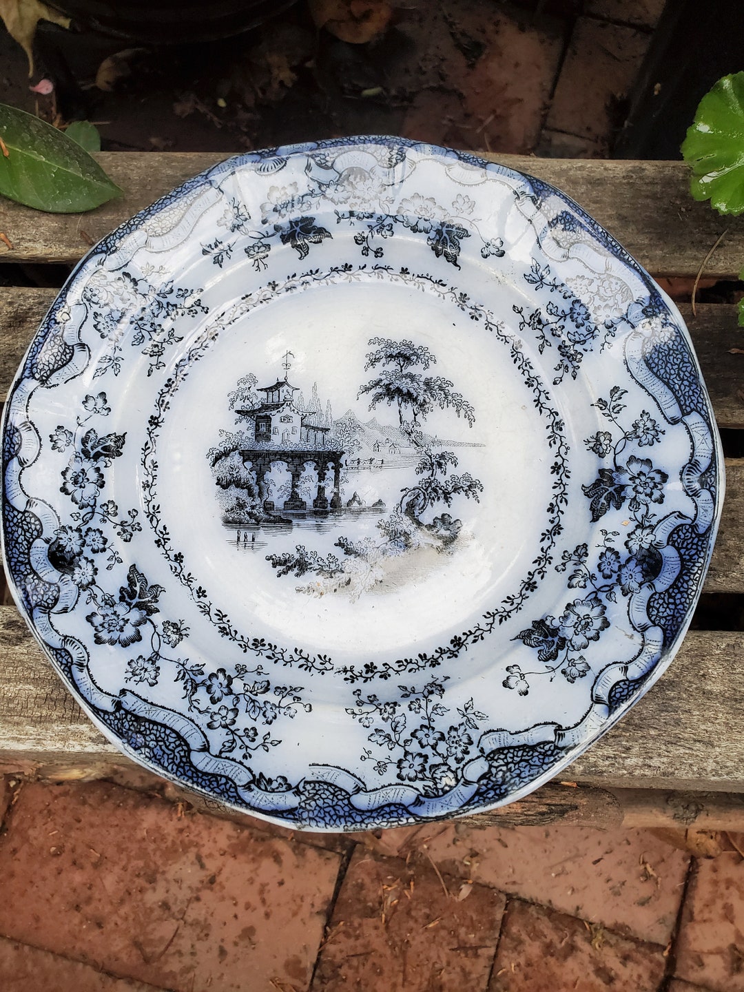 Vintage Flow Blue Transferware Percy Pattern Plate Flowers Ribbon Tree ...