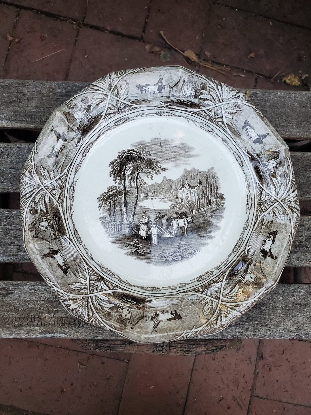 Vintage Union Pattern Brown and White Transferware Plates by Venables ...